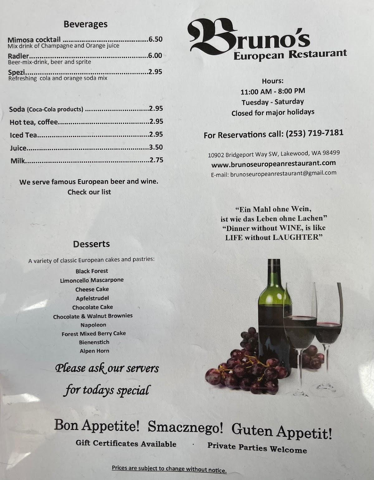 Menu at Bruno's European Restaurant, Lakewood, Bridgeport Way SW