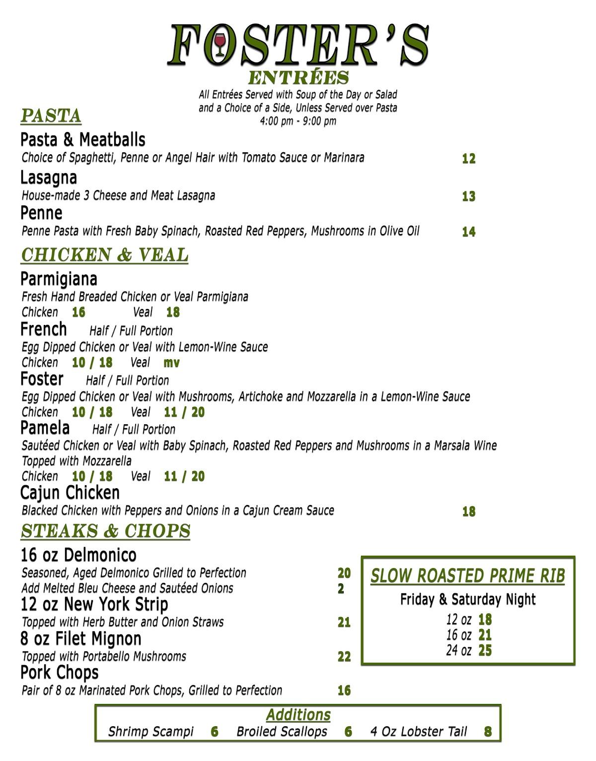 Menu at Foster's Restaurant, Hilton