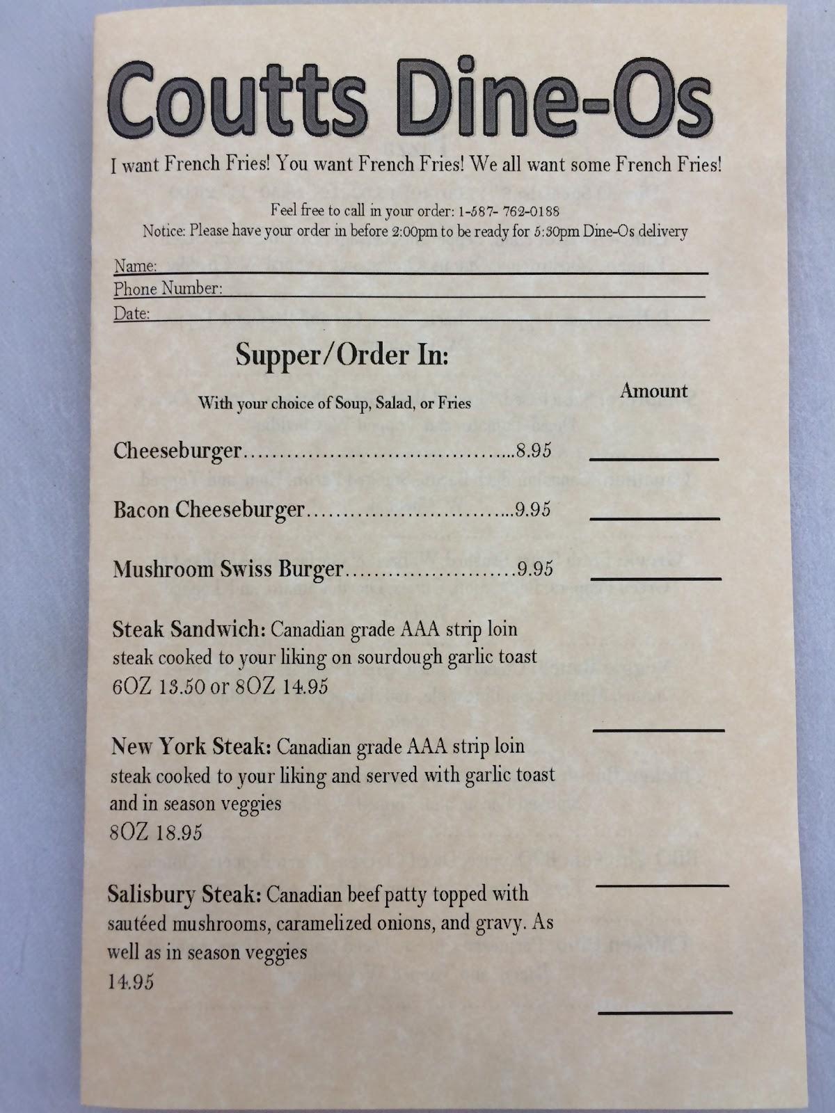 Menu at Hills of Home Cafe and BnB, Coutts