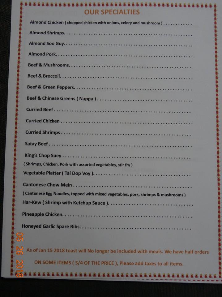 Menu at King's Cafe, Hearst
