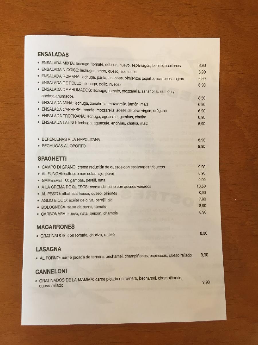 Menu at Pizzeria La Mina B17, San Sebastián