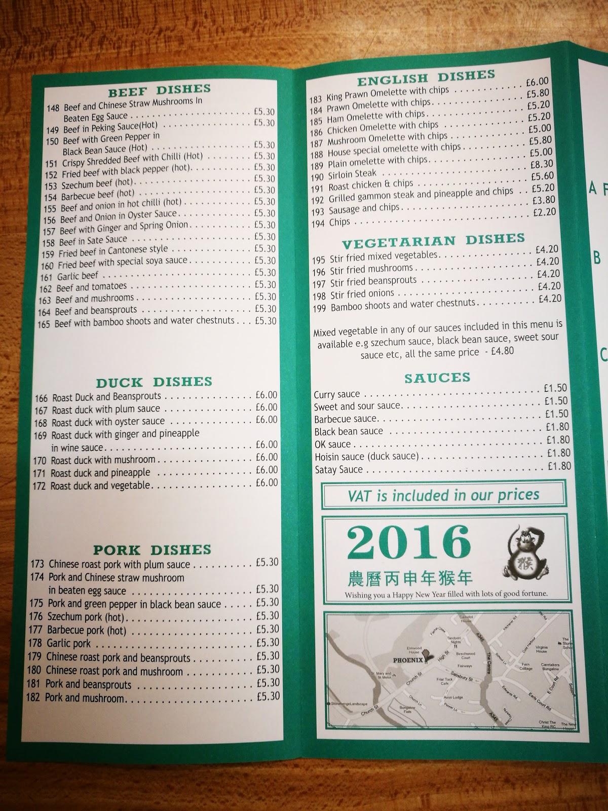 Menu at Phoenix fast food, Amesbury