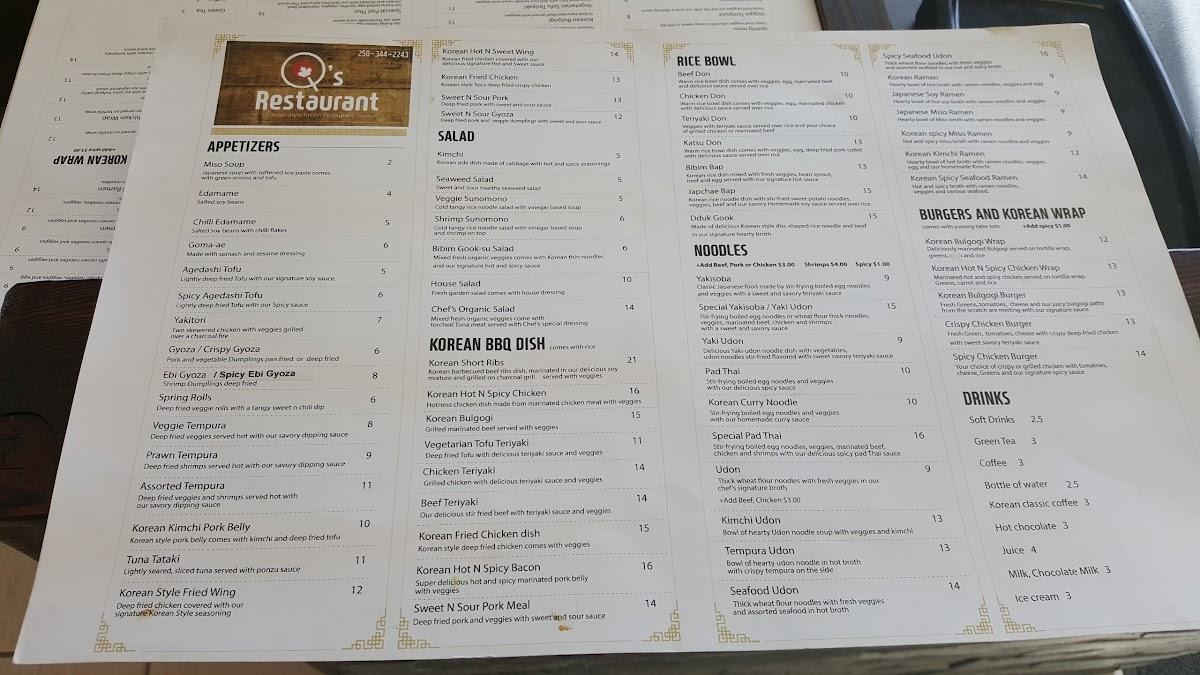 Menu at Q's Restaurant, Golden