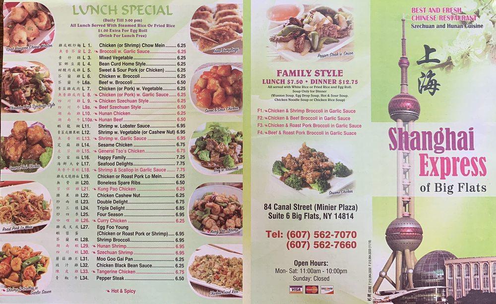Menu at Shanghai Express restaurant, Big Flats