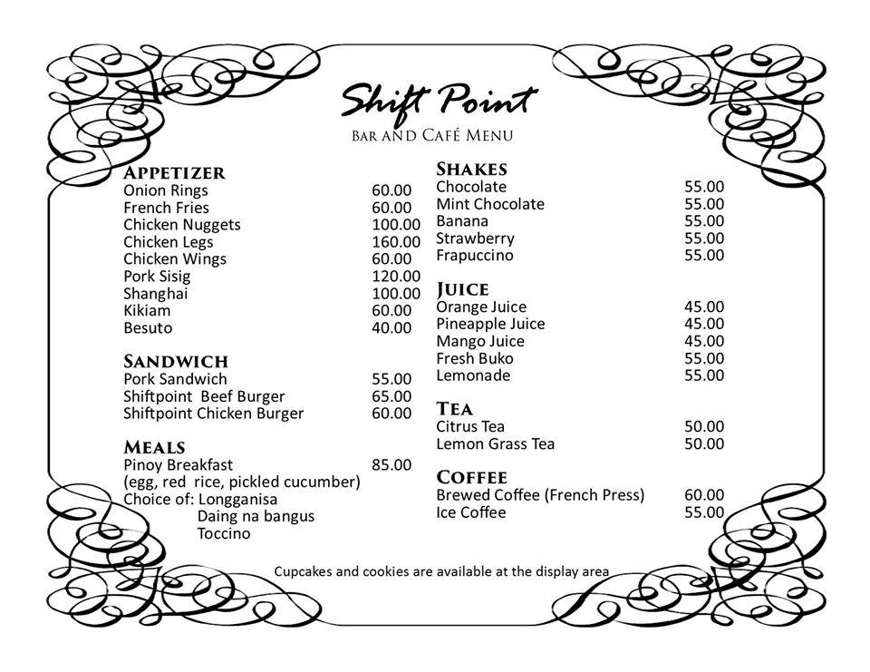 Menu at Shift Point Bar and Cafe, La Trinidad