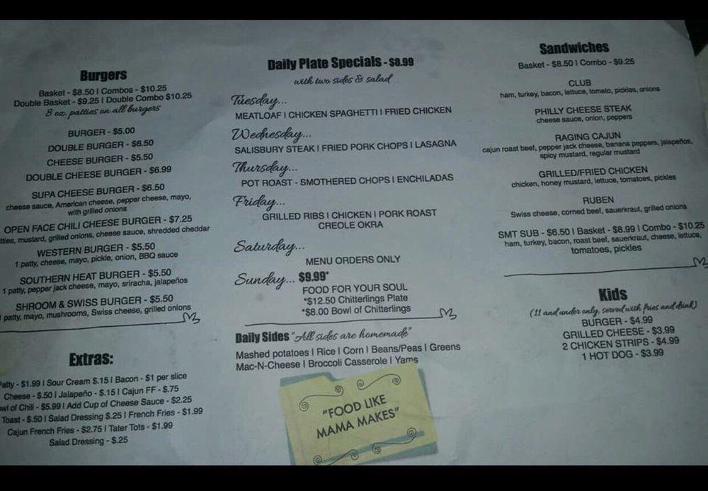 Menu at Sweet Mama T's restaurant, El Dorado