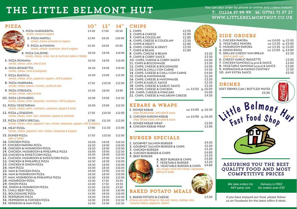 Menu at The Little Belmont Hut pizzeria, Aberdeen