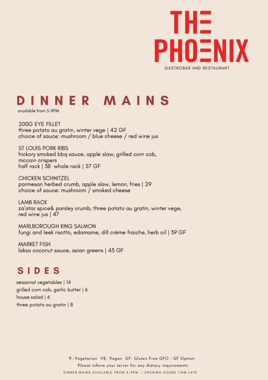 Menu at The Phoenix pub & bar, Tauranga