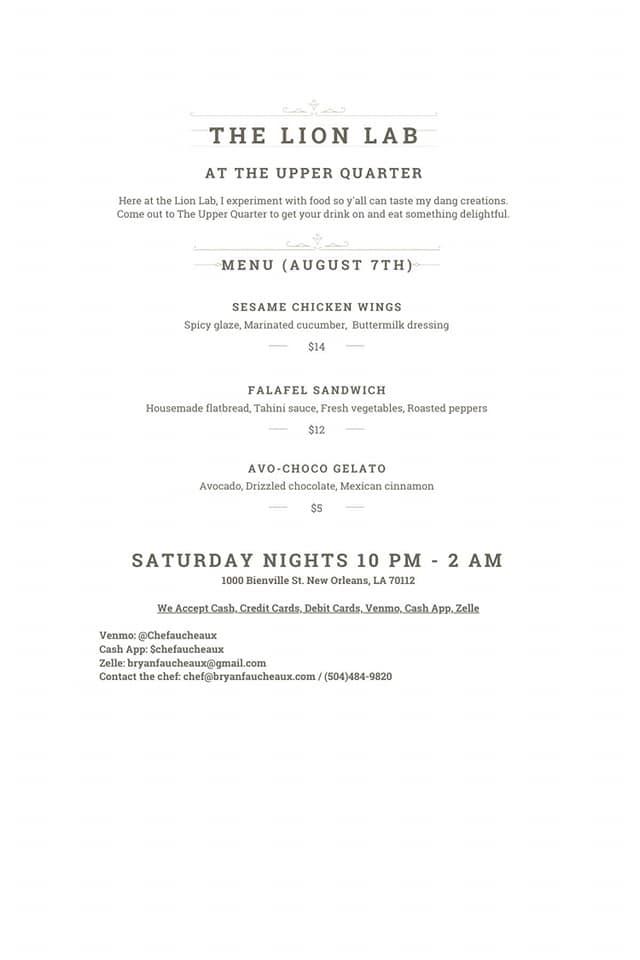 Menu at The Upper Quarter pub & bar, New Orleans