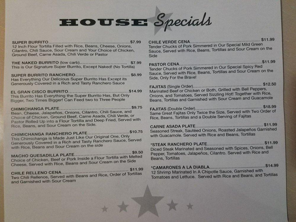 Menu at Ciscos Taqueria restaurant, Marysville
