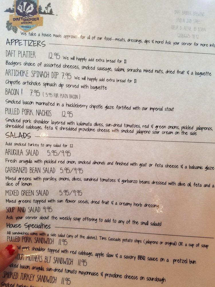 Menu at Daft Badger Brewing pub & bar, Coeur d'Alene