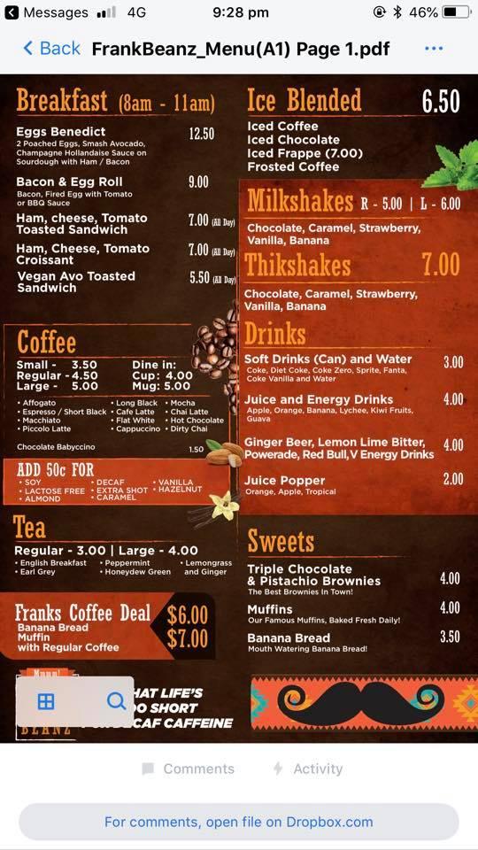 Menu at Frank & Beanz cafe, Fyshwick, 377 Canberra Ave