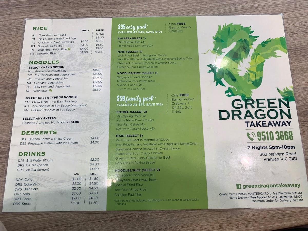 Menu at Green Dragon Take Away Food fast food, Prahran