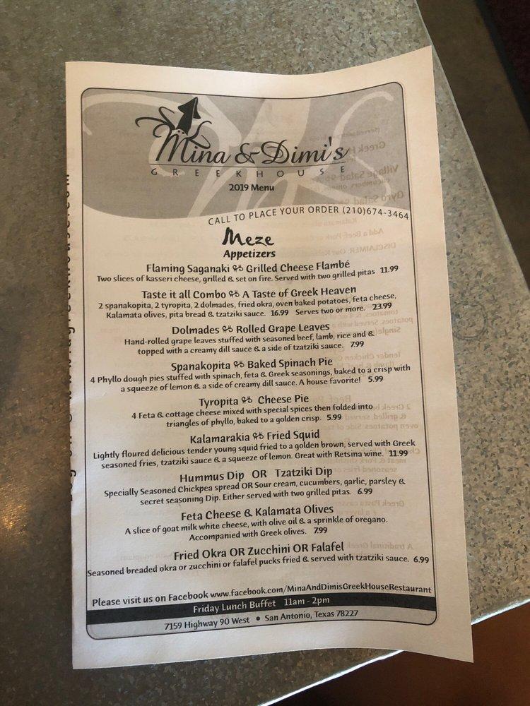 Menu at Mina & Dimi's Greek House restaurant, San Antonio