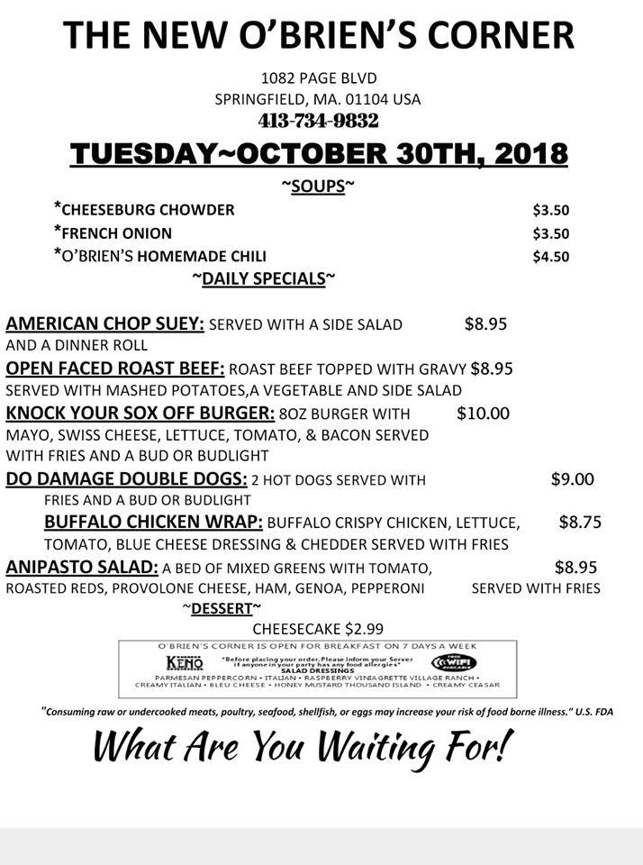 Menu at O'Brien's Corner pub & bar, Springfield