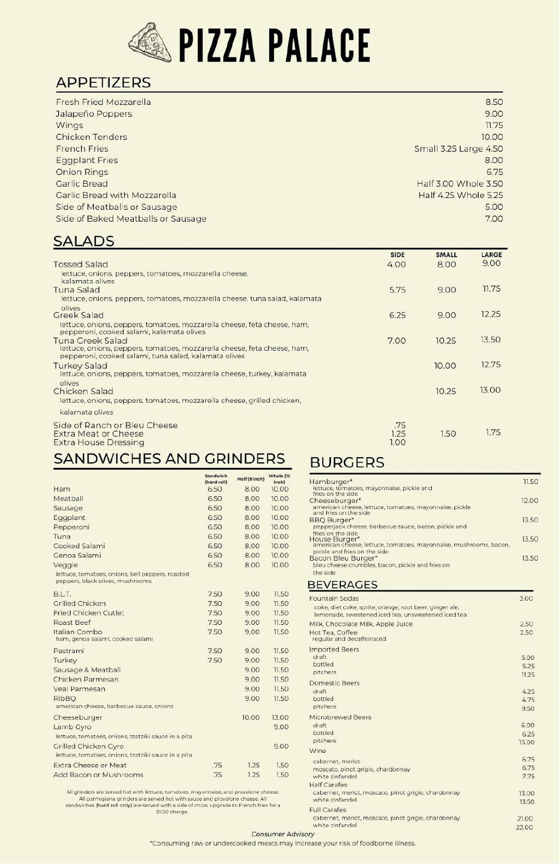 Menu at Pizza Palace pizzeria, Torrington