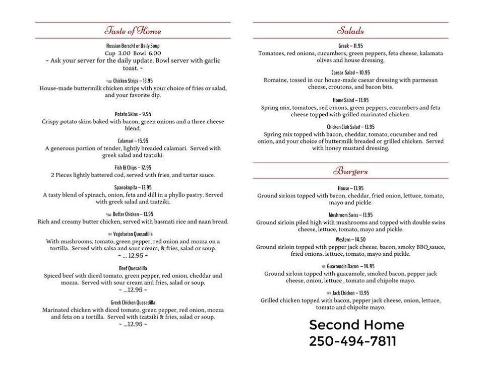 Menu at Second Home Cafe & Grill, Summerland