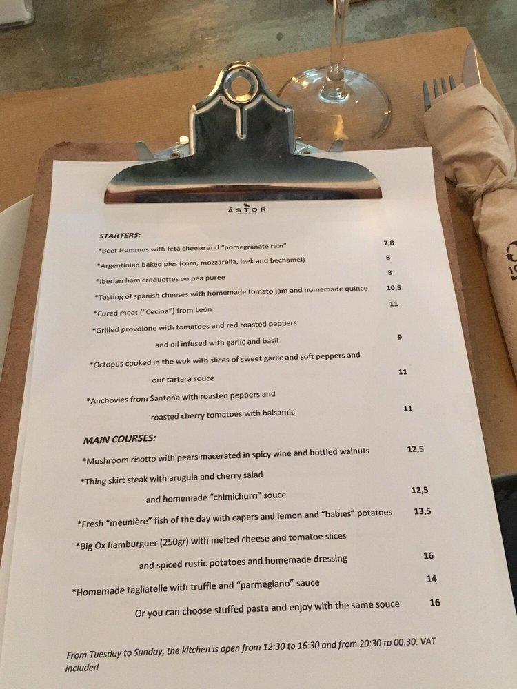 Menu at Ástor gastro-place restaurant, Madrid