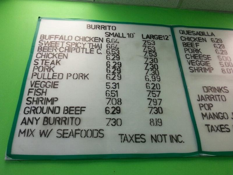 Menu at Bolets Burrito restaurant, Toronto