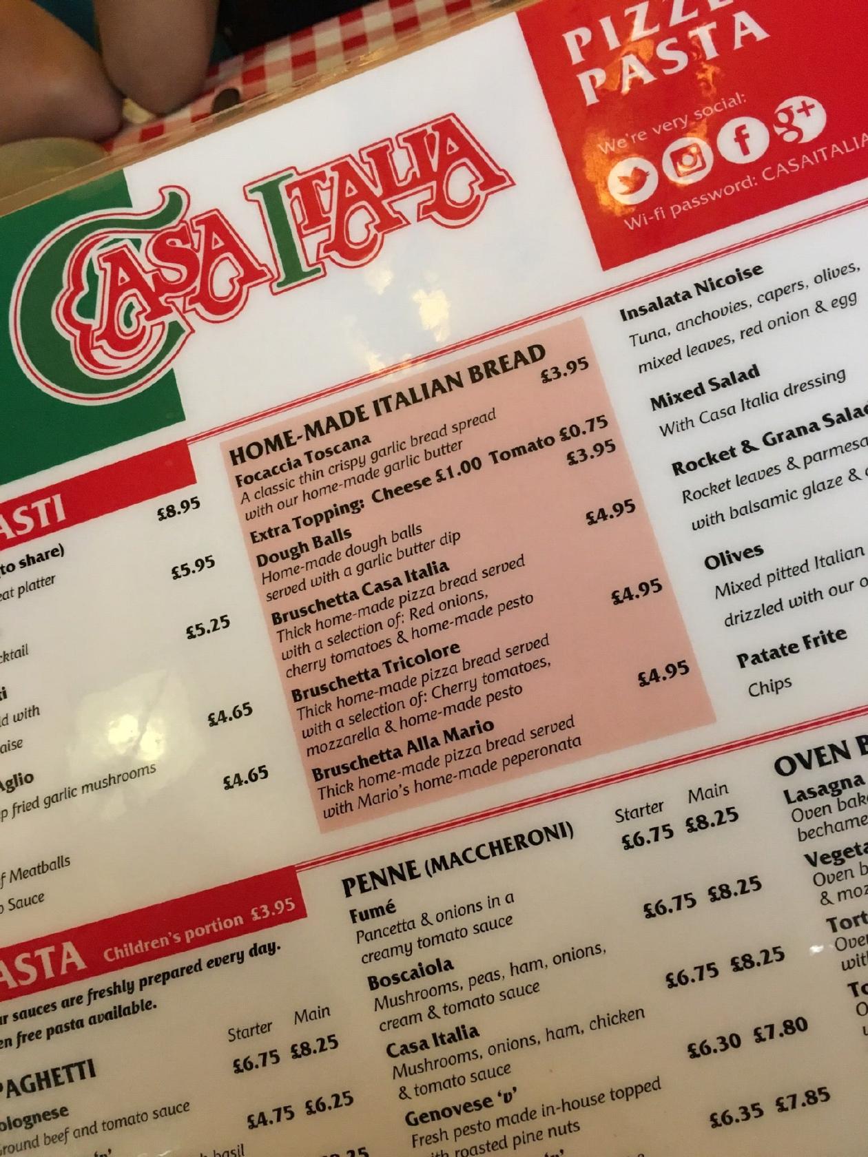 Menu at Casa Italia pizzeria, Liverpool