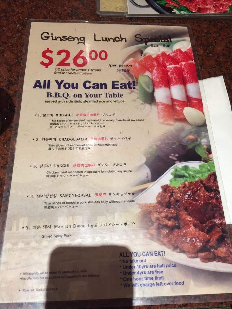 Menu at Ginseng II Korean BBQ, Las Vegas