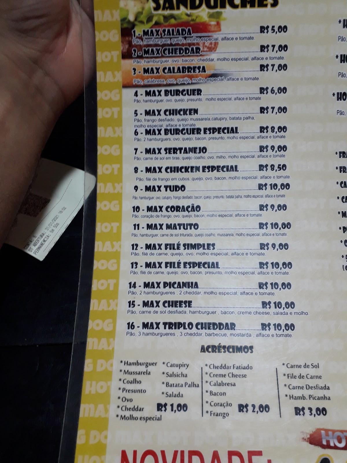 Menu at Hot Dog do Max, Natal