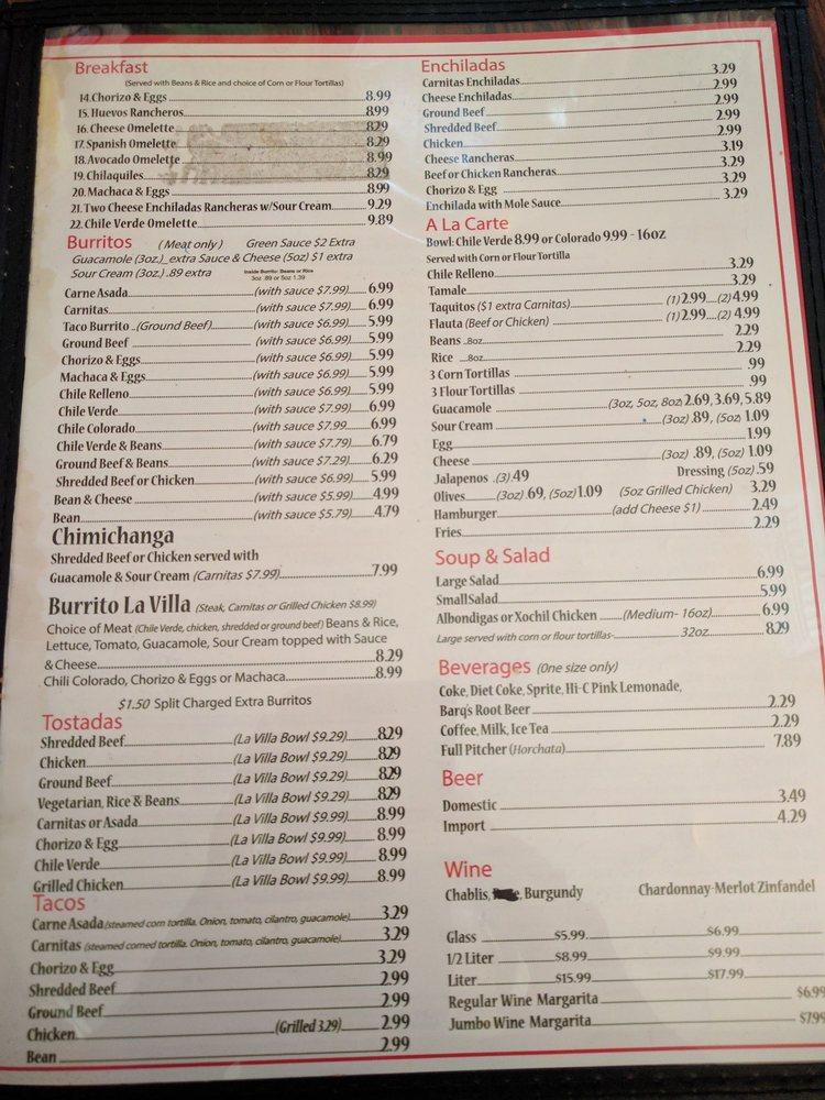 Menu at La Villa Mexican Food restaurant, Gardena, Crenshaw Blvd