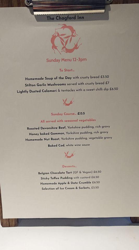 Menu at The Chagford Inn restaurant, Chagford