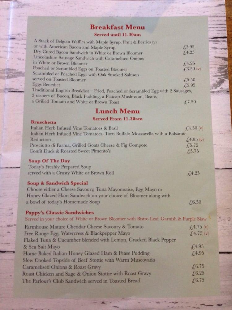 Menu at The Parlour at Blagdon cafe, Newcastle upon Tyne