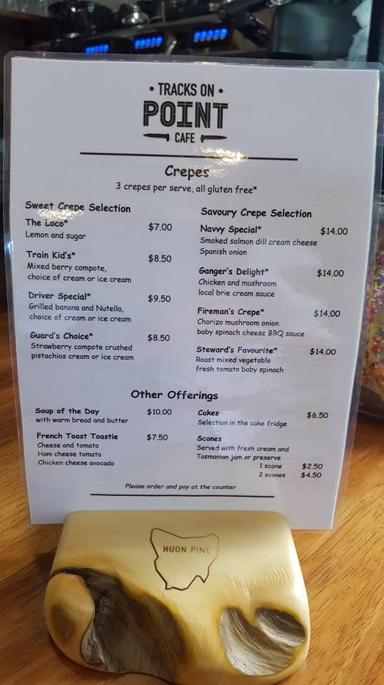 Menu at Tracks on Point cafe, Strahan