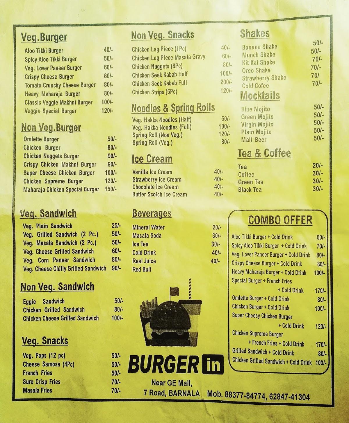 Menu at burger in, Barnala, Bathinda Rd