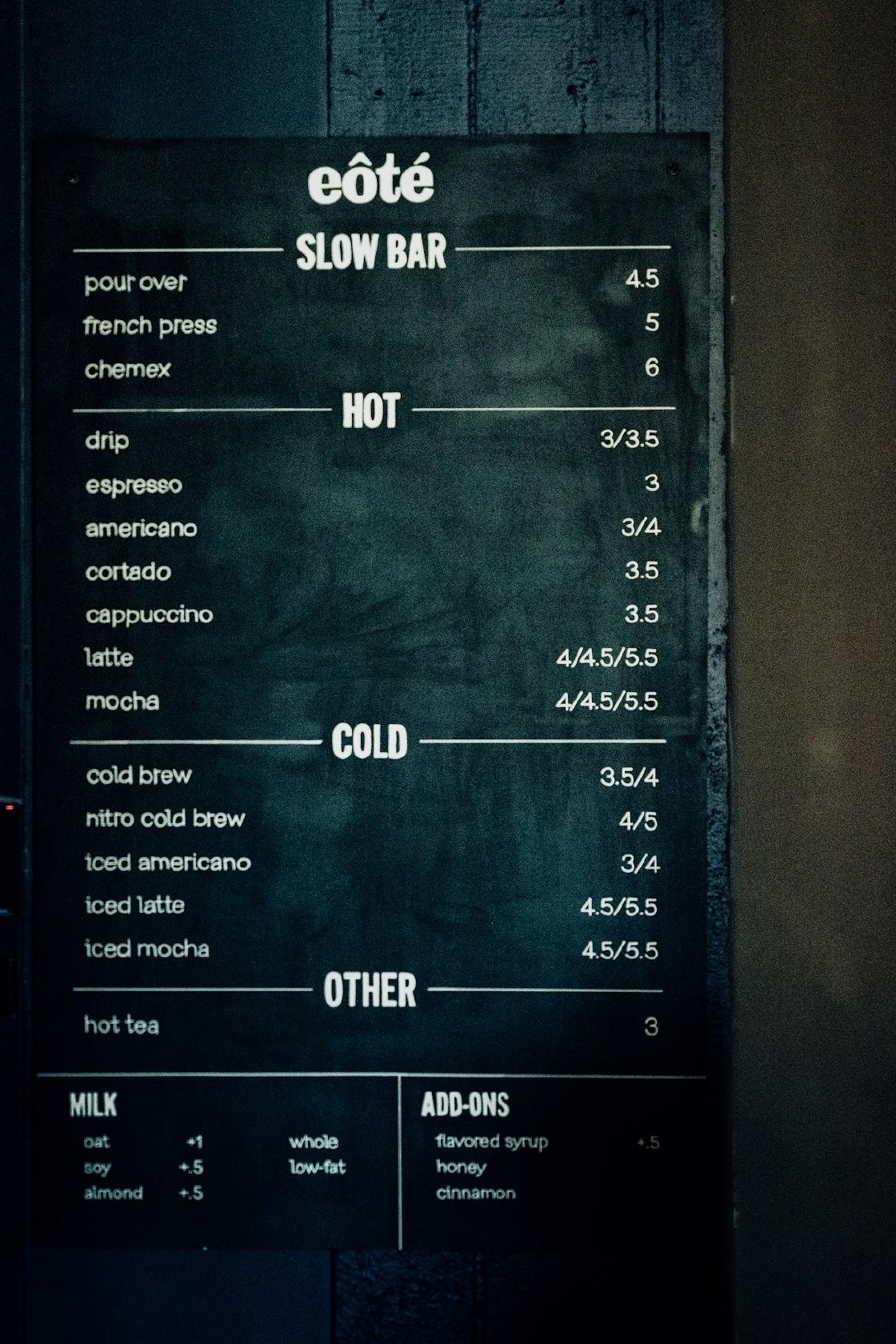 Carta del café Eote Coffee, Oklahoma City