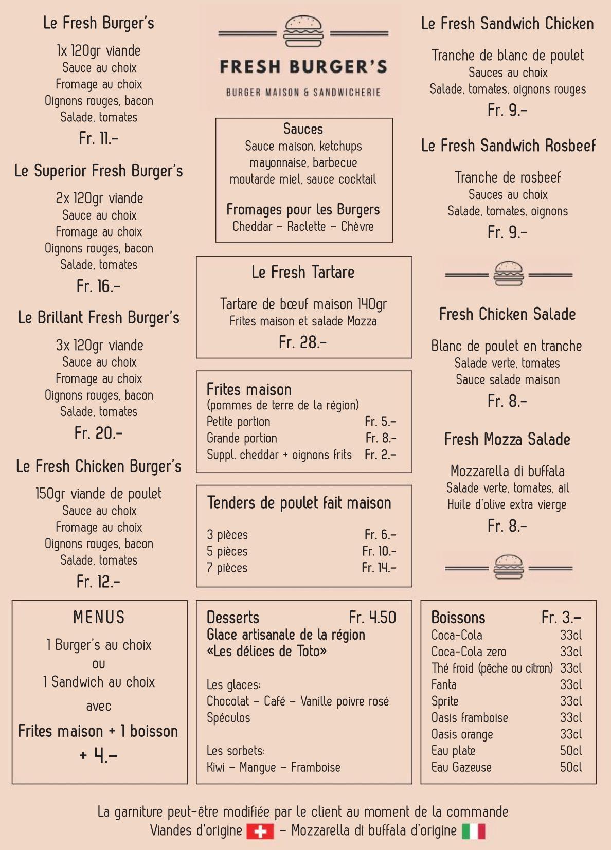 Menu at Fresh Burger's Les Geneveys-sur-Coffrane, Les Geneveys-sur-Coffrane