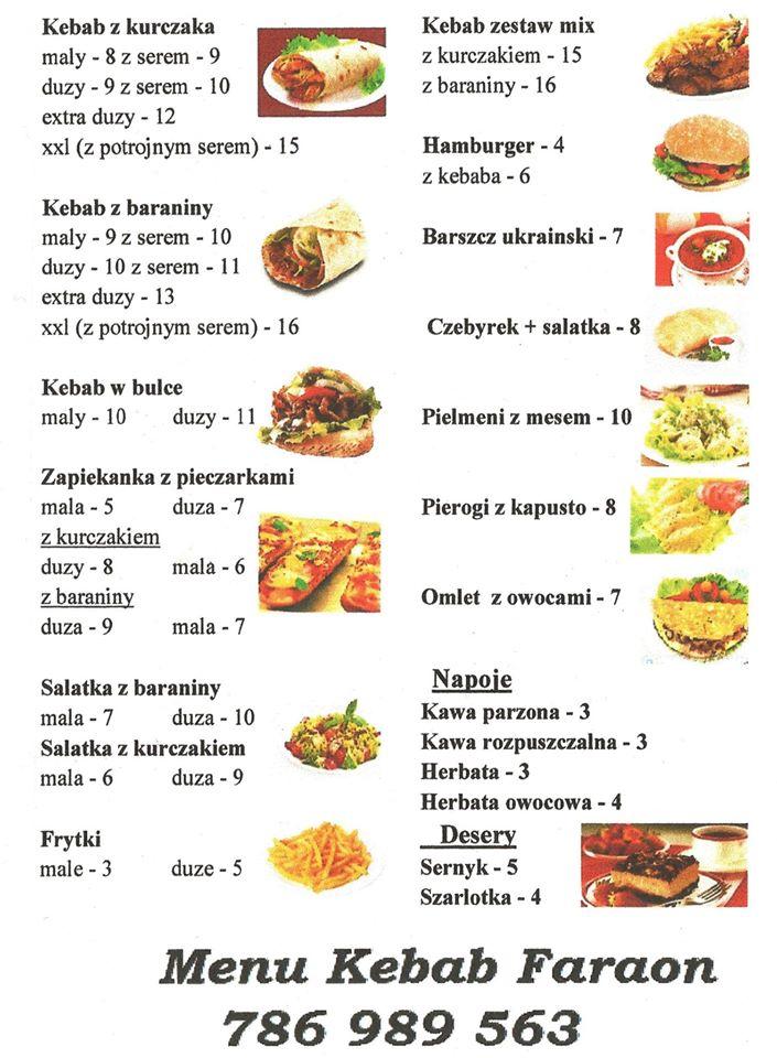 Menu at Kebab Faraon restaurant, Myszyniec