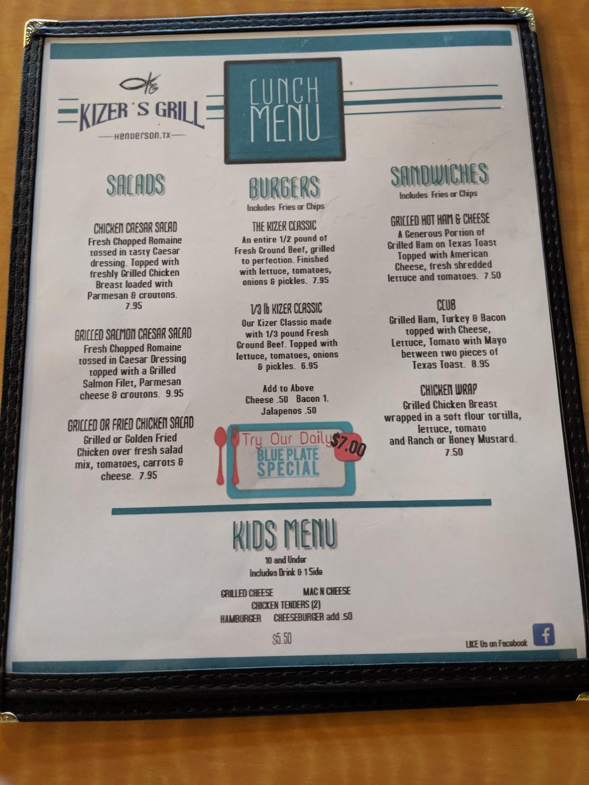 Menu at Kizer's Grill restaurant, Tyler, County Rd 165