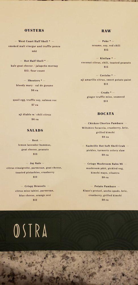 Menu at Ostra restaurant, Louisville