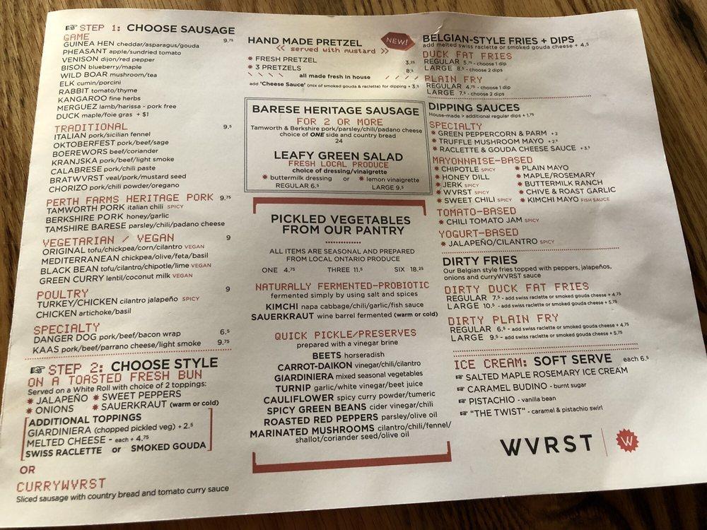 Menu at WVRST pub & bar, Toronto, 609 King St W