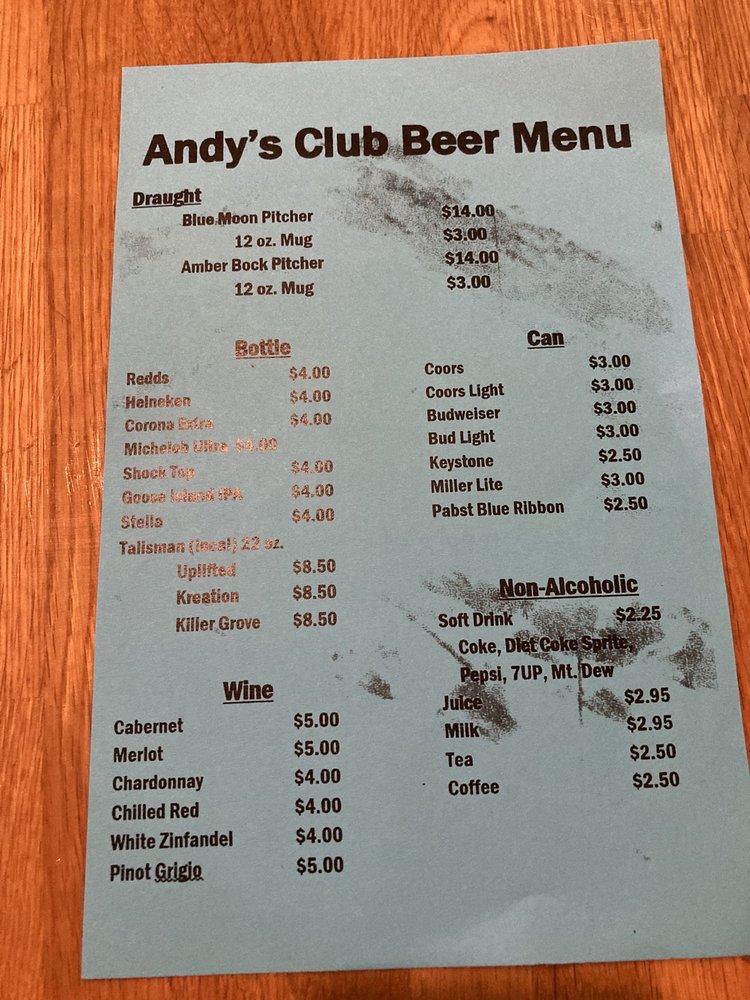 Menu at Andy's Club, Ogden
