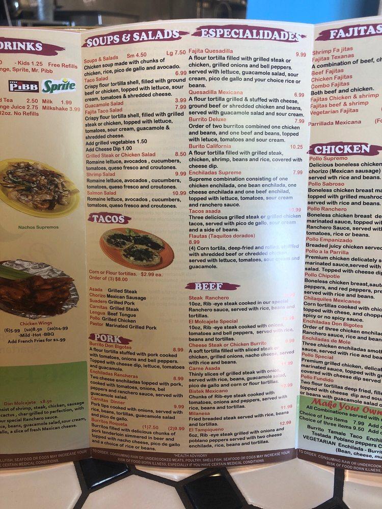 Menu at Don Bigotes Mexican Restaurant, Spartanburg, 508 Springfield Rd