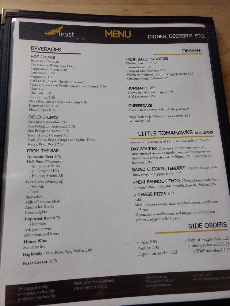 Menu at Feast Cafe Bistro, Winnipeg