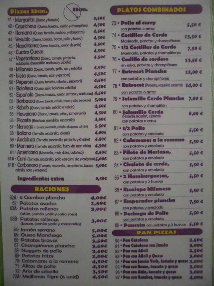 Carta de La Isleta pizzera kebab y restaurante, Benidorm
