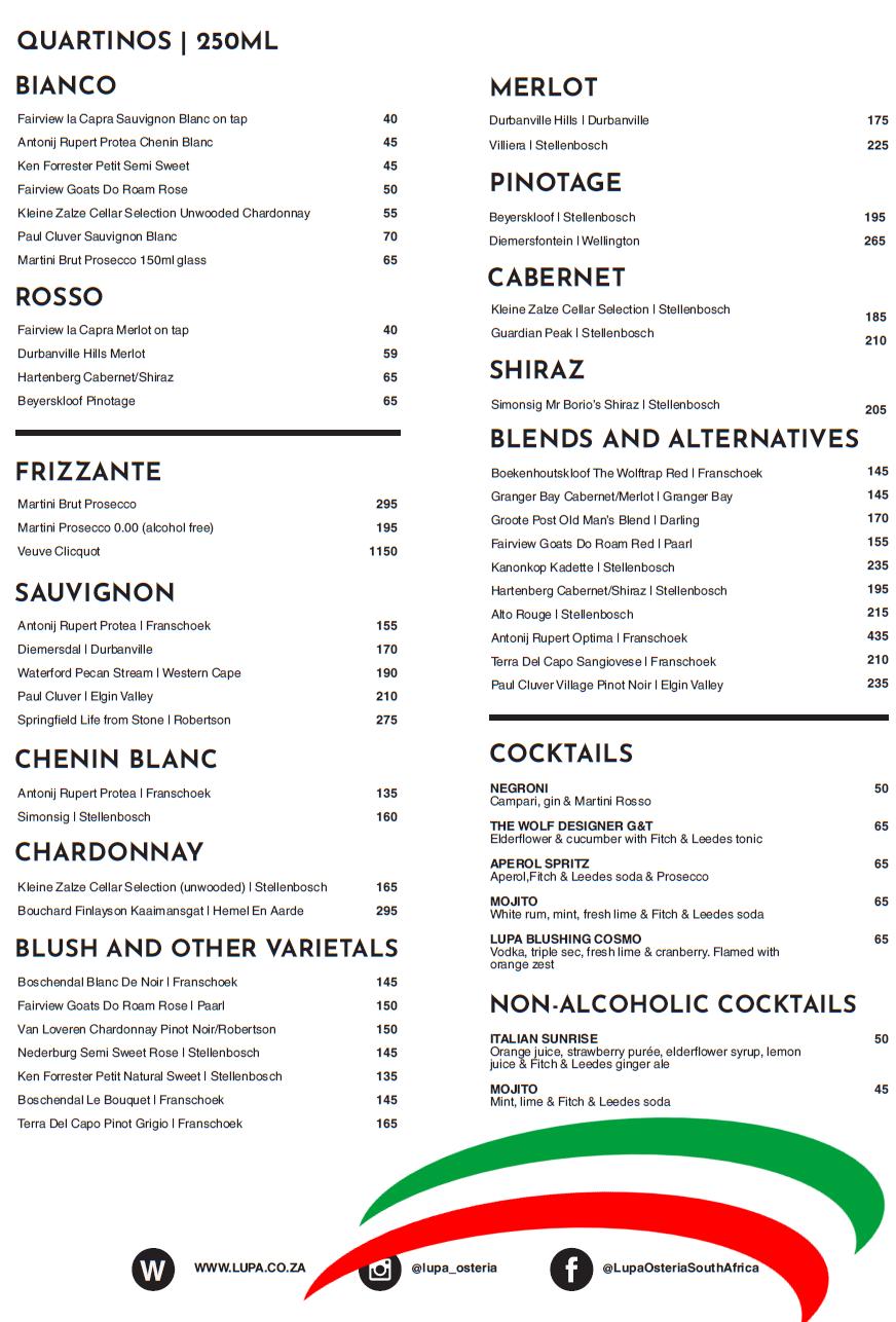Menu at Lupa Osteria Durban North restaurant, Durban, Broadway Shopping ...