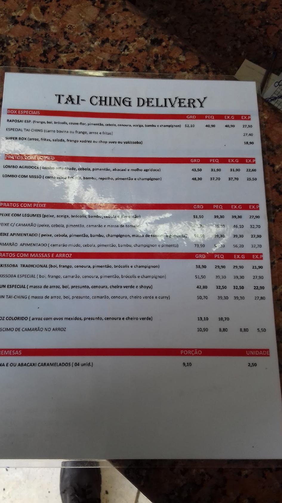 Menu at Tai-Ching restaurant, Belo Horizonte
