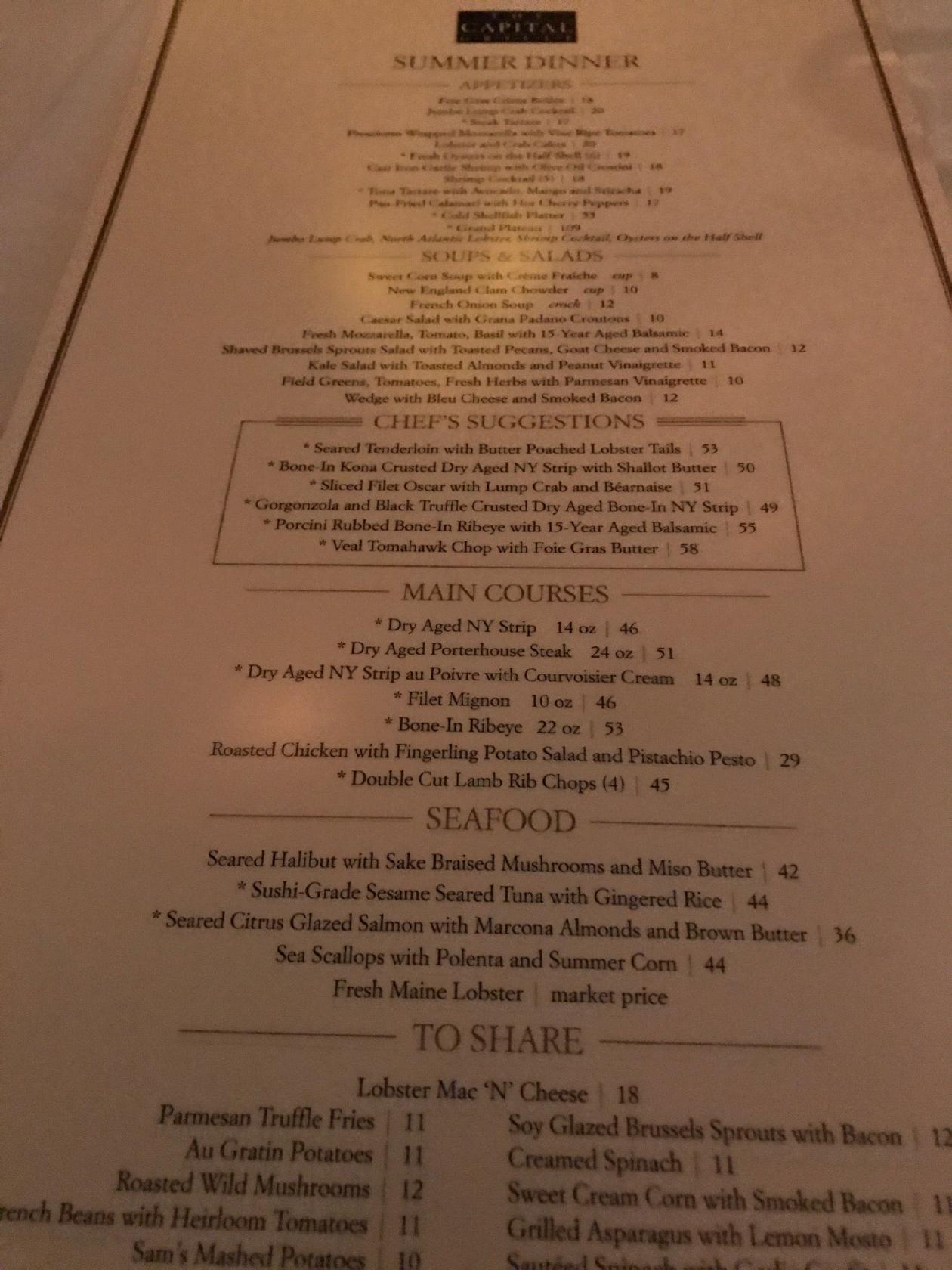 Menu at The Capital Grille pub & bar, Tampa