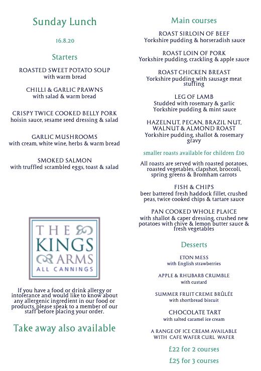 Menu at The Kings Arms pub & bar, All Cannings