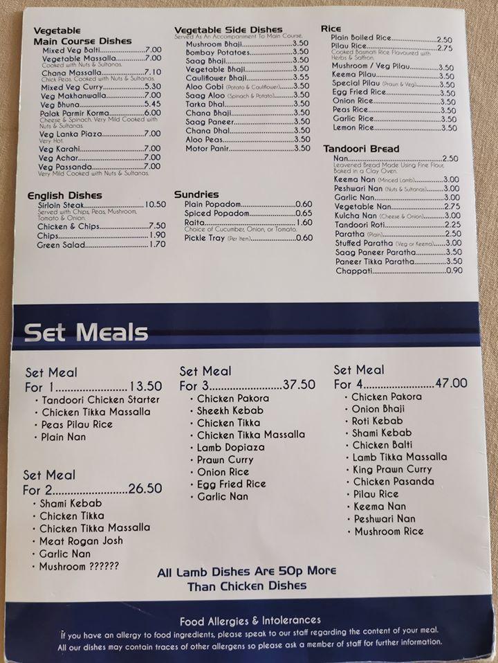 Menu at Trishna Tandoori restaurant, Driffield