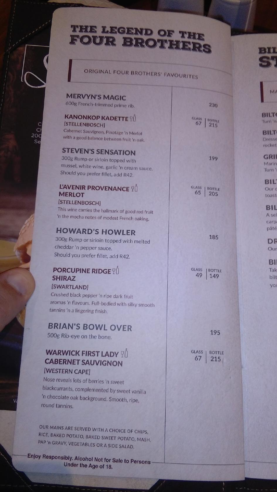 Menu at Turn 'n Tender Steakhouse, Pretoria, Shop 74