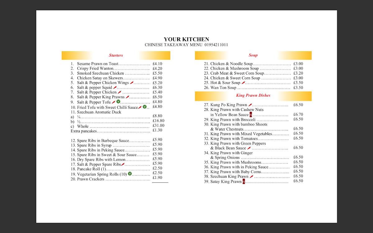 Menu at Your Kitchen, Cambridge