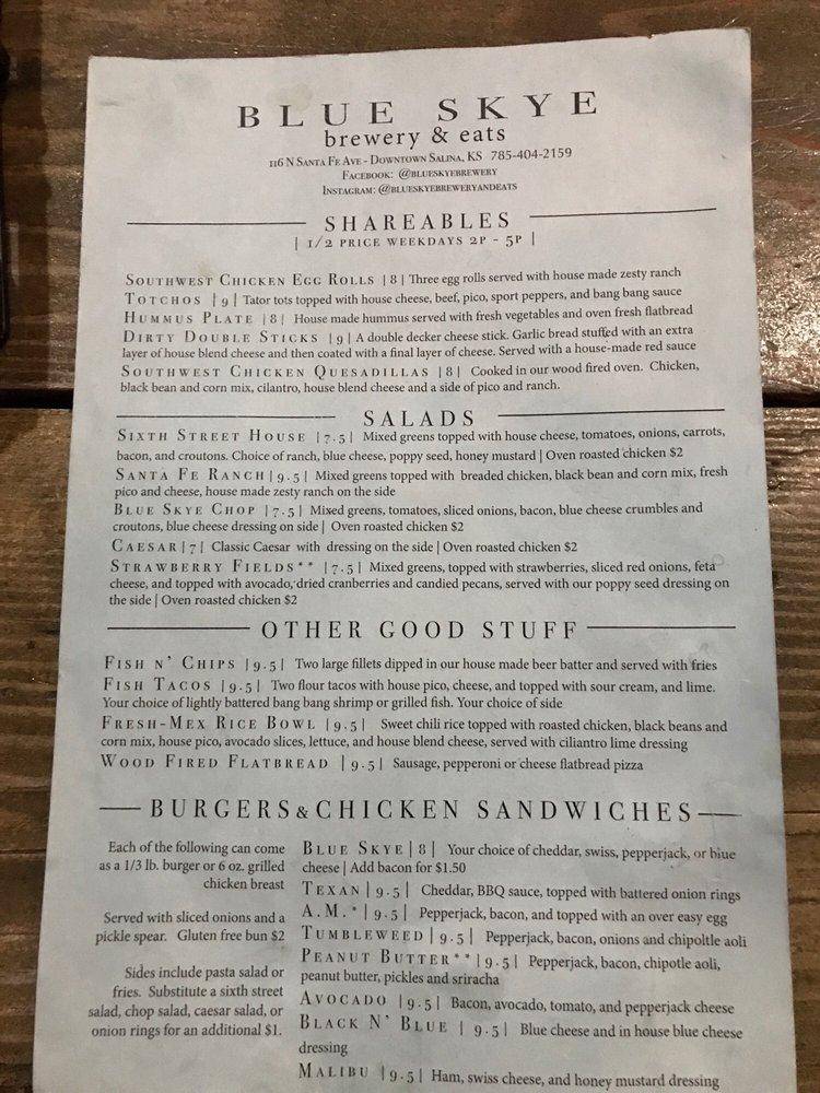 Menu at Blue Skye Brewery and Eats pub & bar, Salina