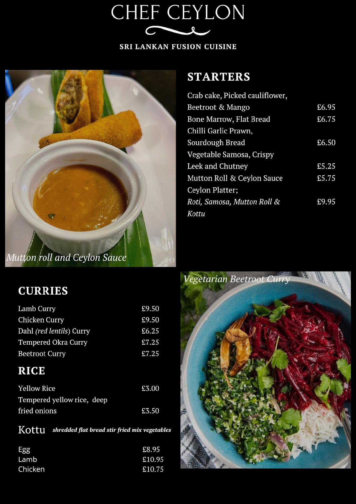Menu at Chef Ceylon restaurant, Blackwood